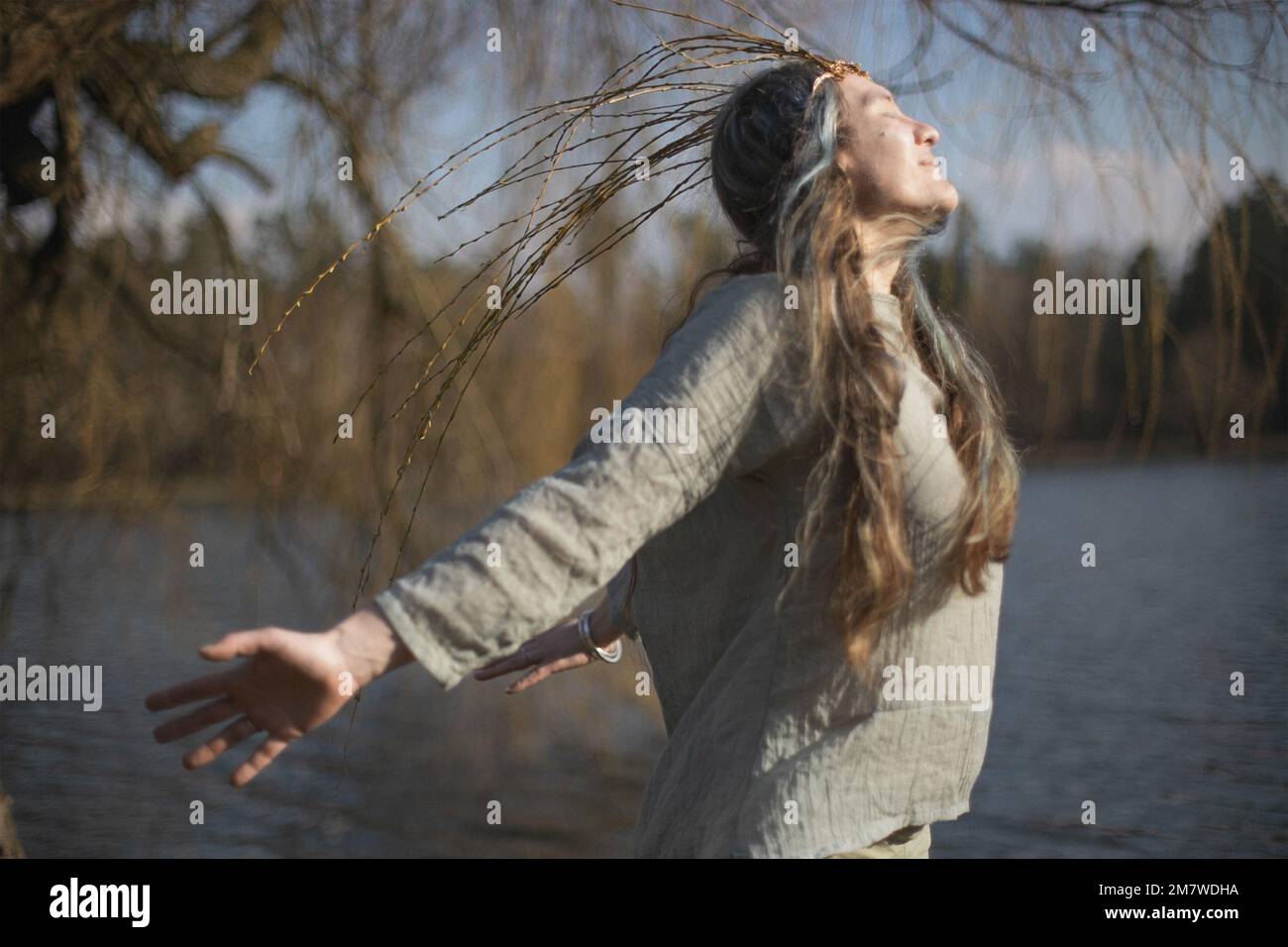 Close up beautiful authentic woman with arms outstretched portrait ...