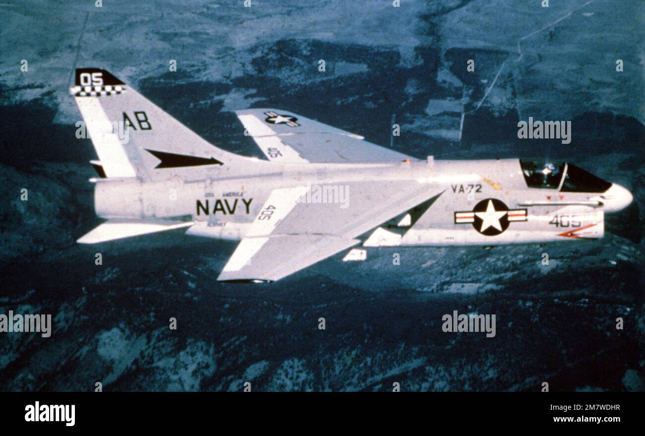 An air-to-air right side view of an A-7 Corsair aircraft assigned to ...