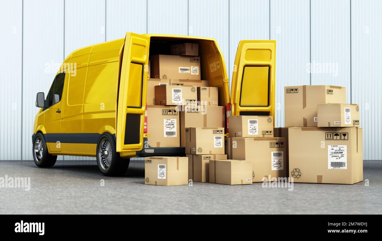 Stack of cardboard boxes standing near open cargo van rear door. Cargo ...