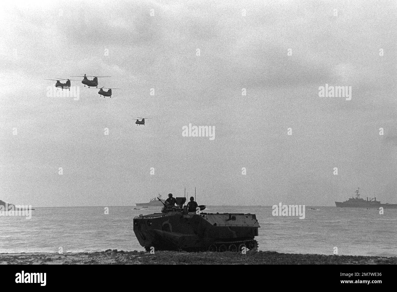 Four CH-46 Sea Knight helicopters fly overhead as an LVTP-7 tracked ...