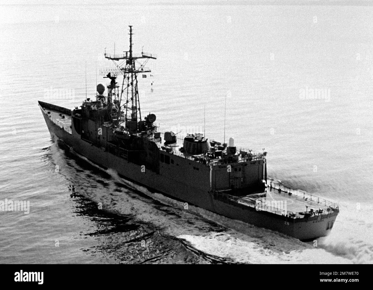 An aerial port quarter view of the guided missile frigate USS BOONE ...