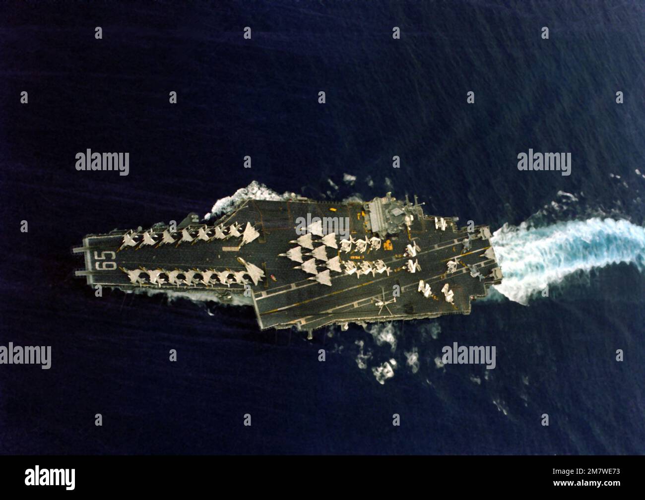 A high angle vertical view of the nuclear-powered aircraft carrier USS ...