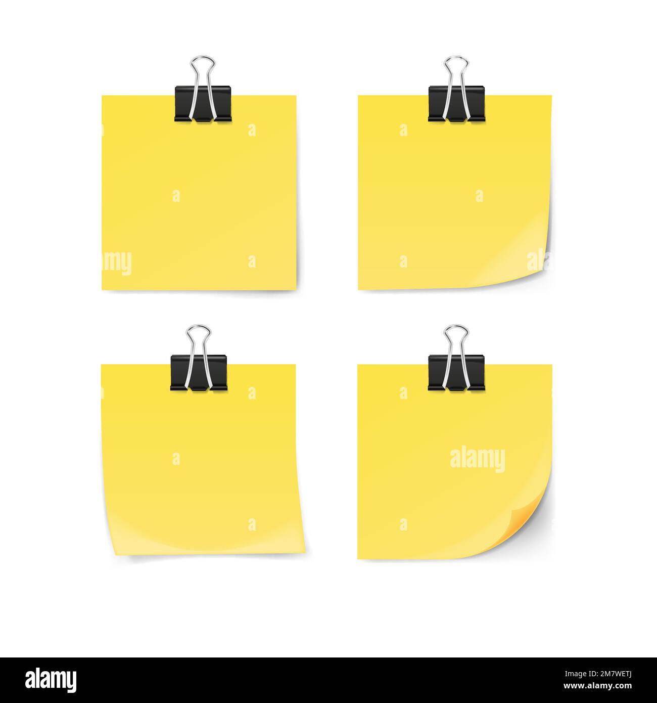 Yellow sticky note with paper clip isolated on white background. Vector ...