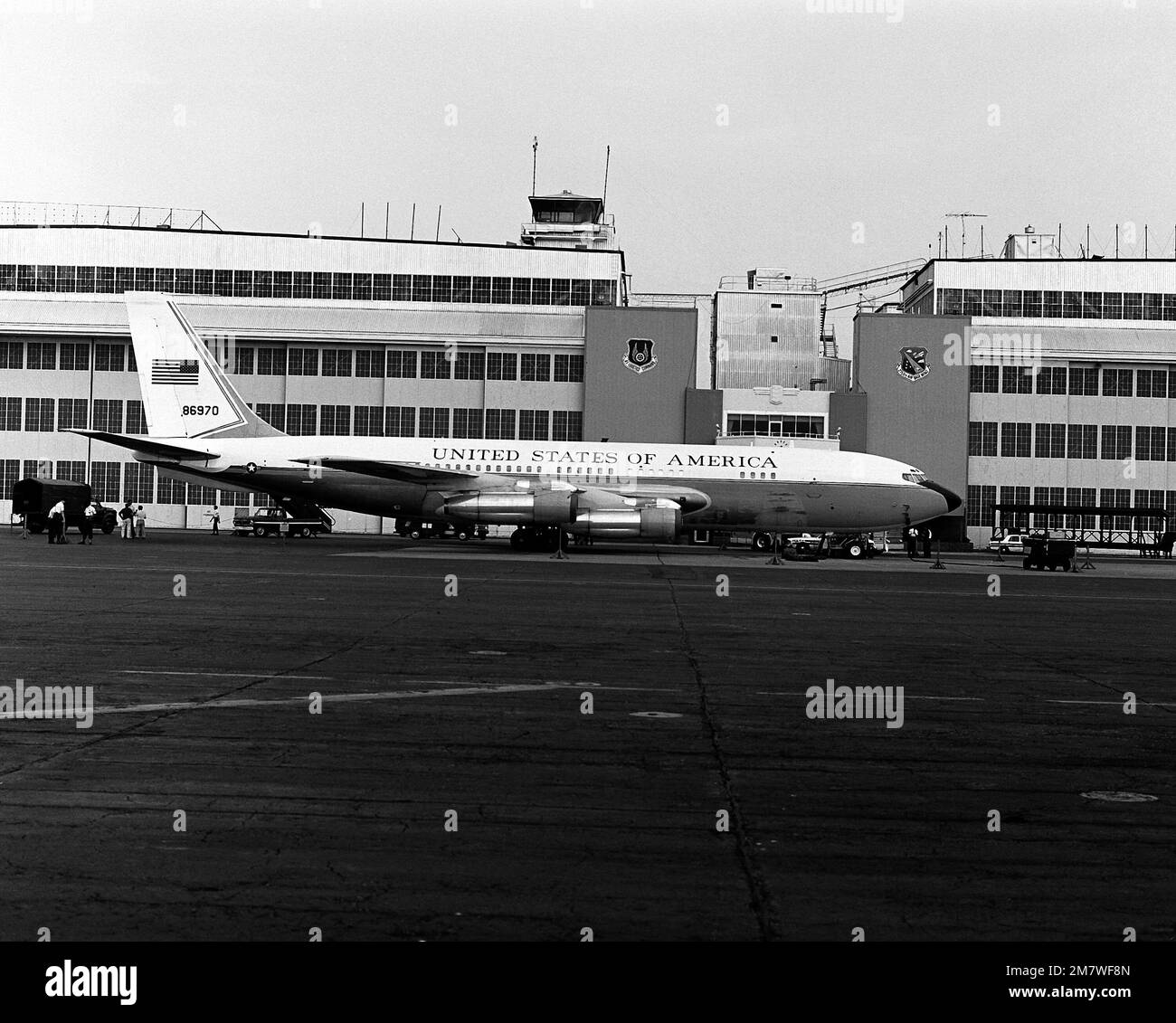 A right side view of a parked VC-137 Stratoliner aircraft "Air Force II ...