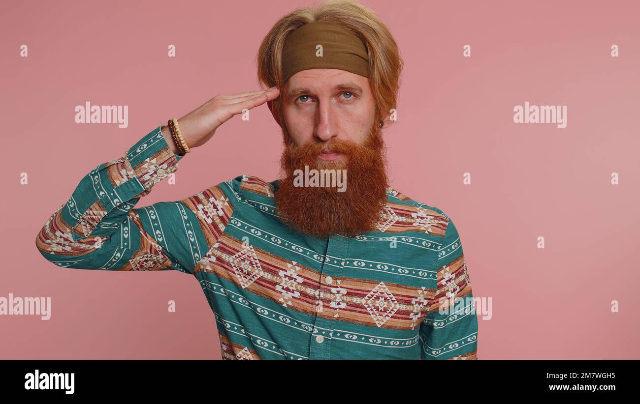 Yes sir. Subordinate, responsible serious hippie redhead man giving ...