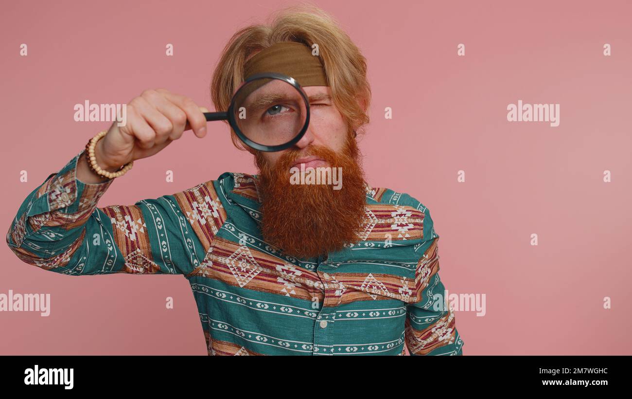 Investigator Researcher Scientist Hippie Man Holding Magnifying Glass Near Face Looking Into