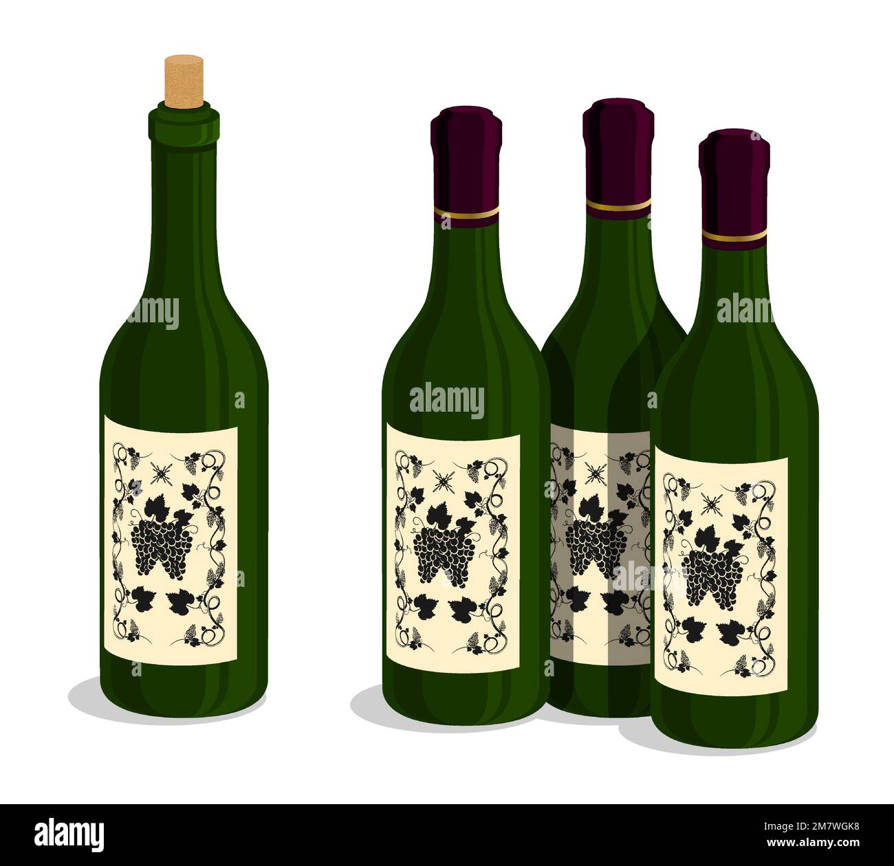 Set of green glass bottles with expensive red wine. Storage and aging ...