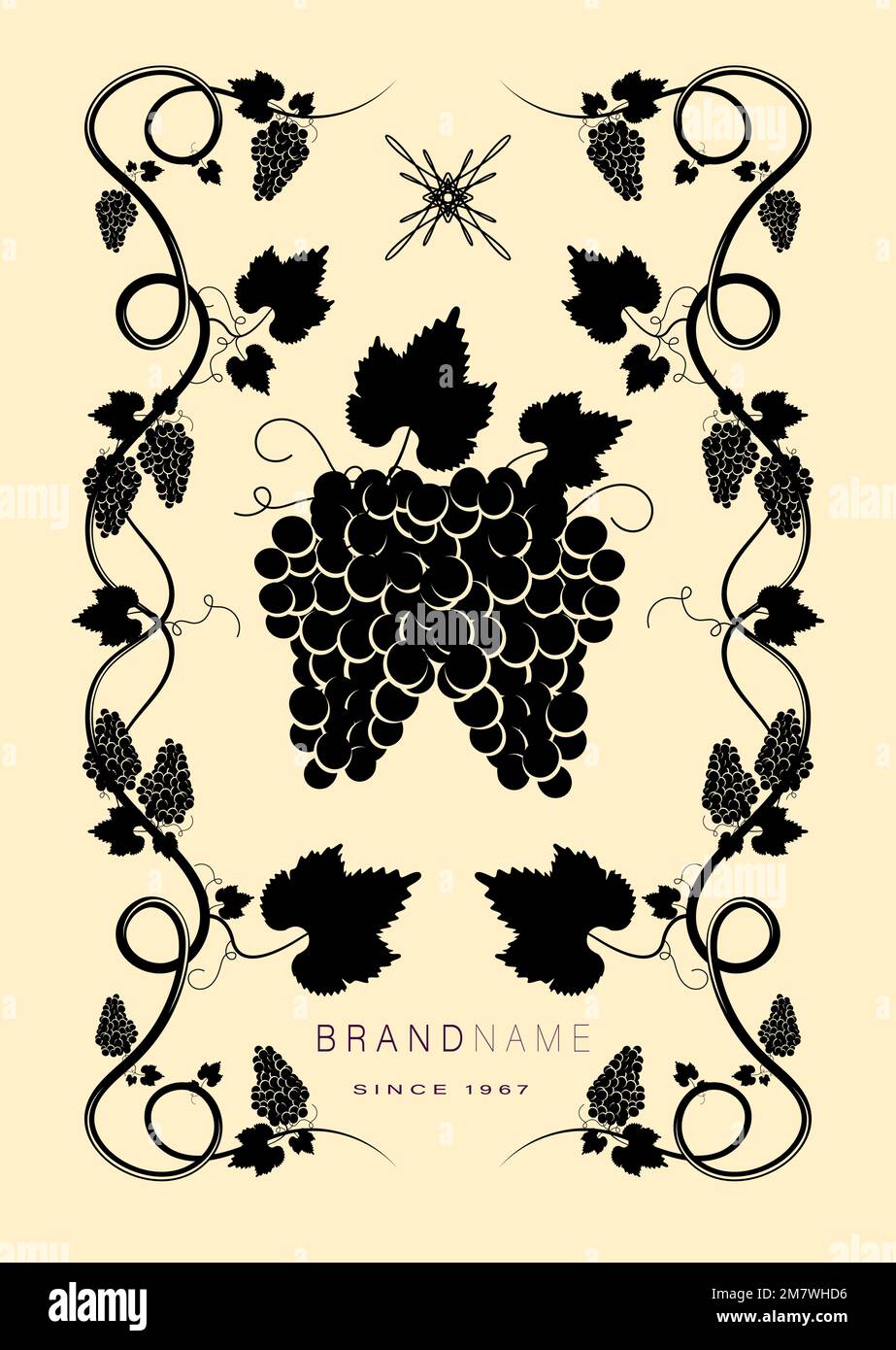Sticker for wine or juice packaging. Bunch of grapes with leaves and ...