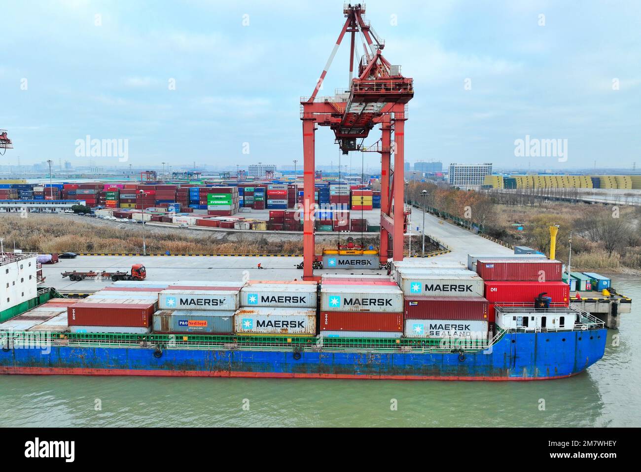 Aerial photo shows the busy scene of the container terminal of Yangzhou ...