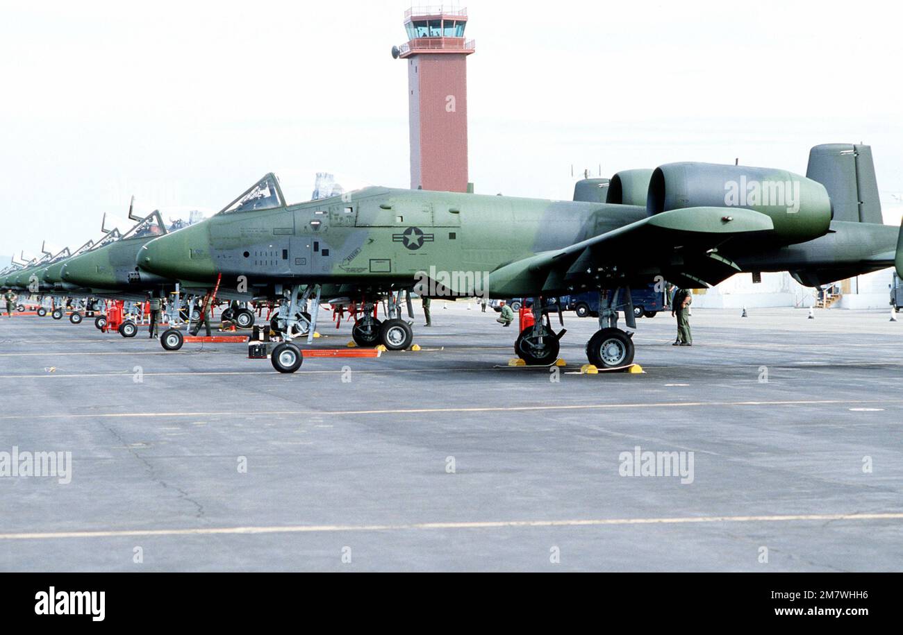 A view of A-10 Thunderbolt II aircraft parked in ling during a training ...