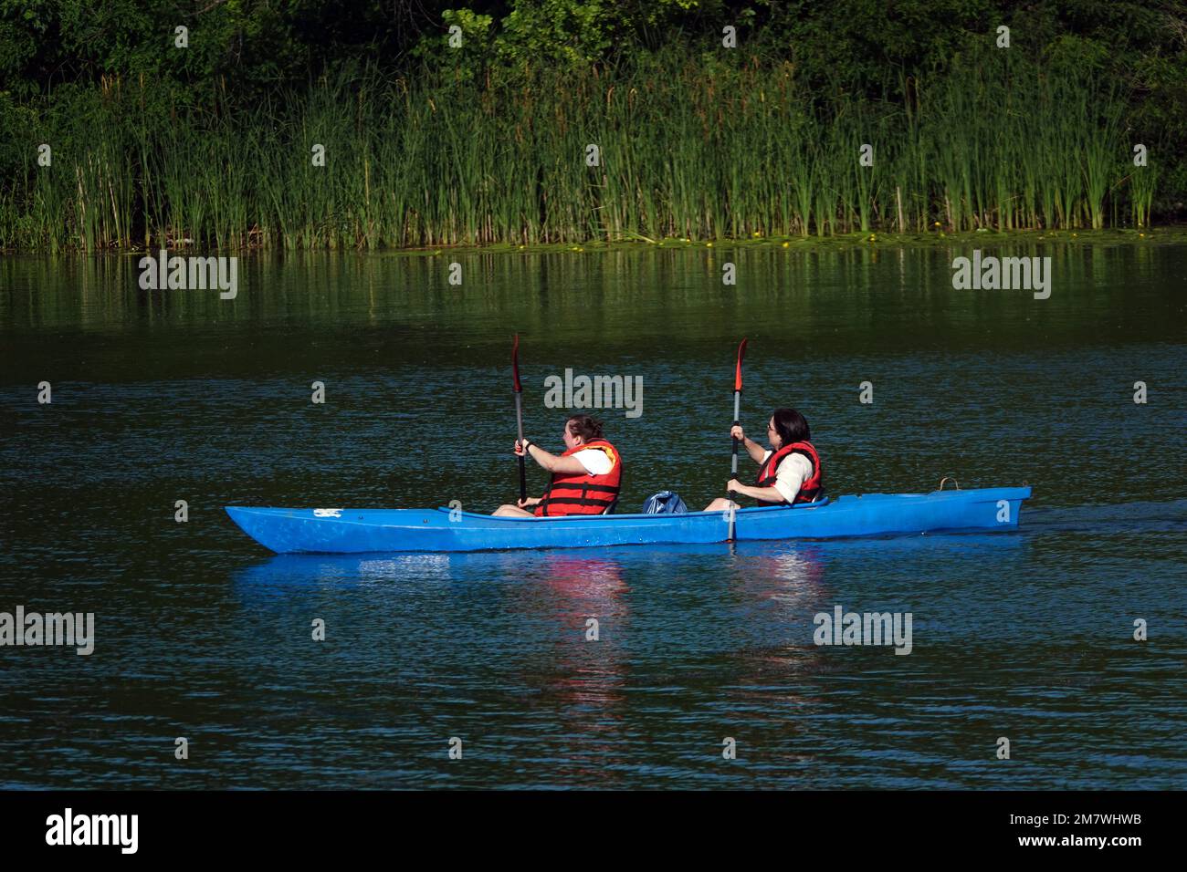 Kiev, Ukraine June 24, 2020: Women swim along the river in a kayak ...
