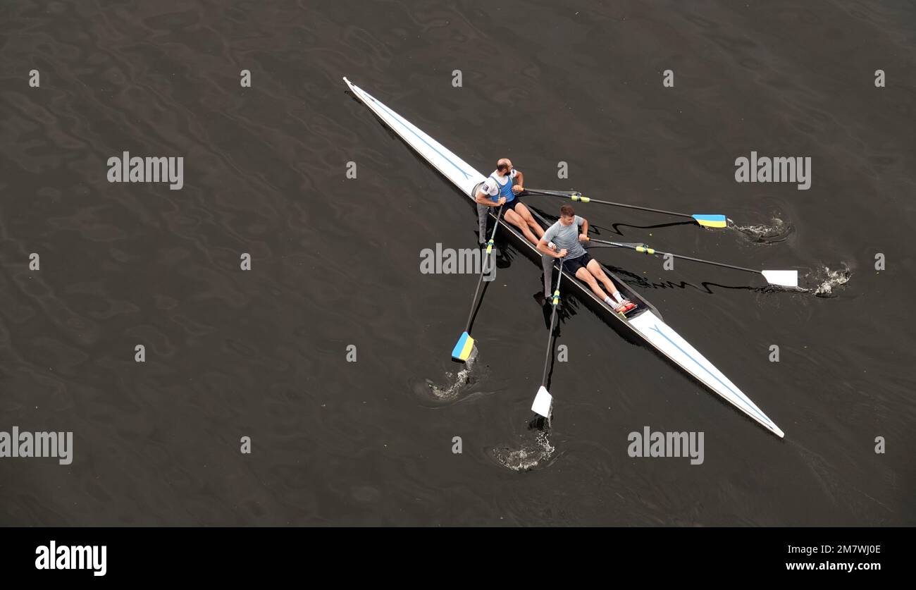 Kiev, Ukraine June 20, 2020: A fisherman catches fish from a boat on a ...
