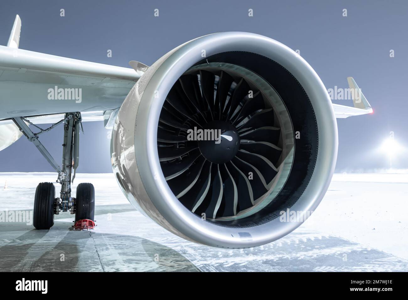 Close-up of engine of big passenger airliner at winter night Stock ...