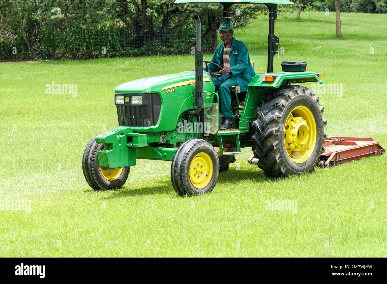 African worker or employee mowing an expansive lawn sitting on a yellow ...