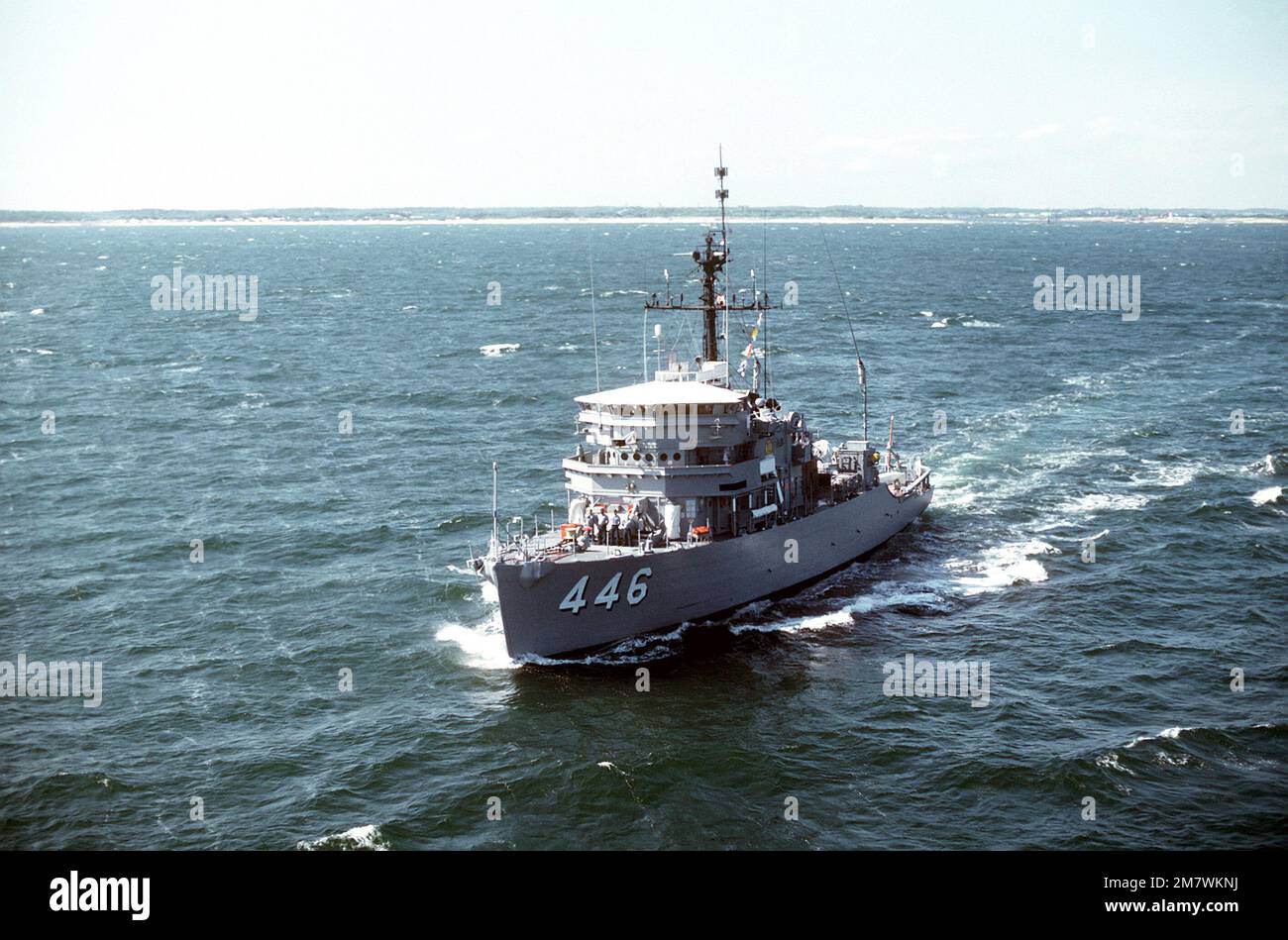 Aerial port bow view of the ocean minesweeper USS FORTIFY (MSO-446 ...