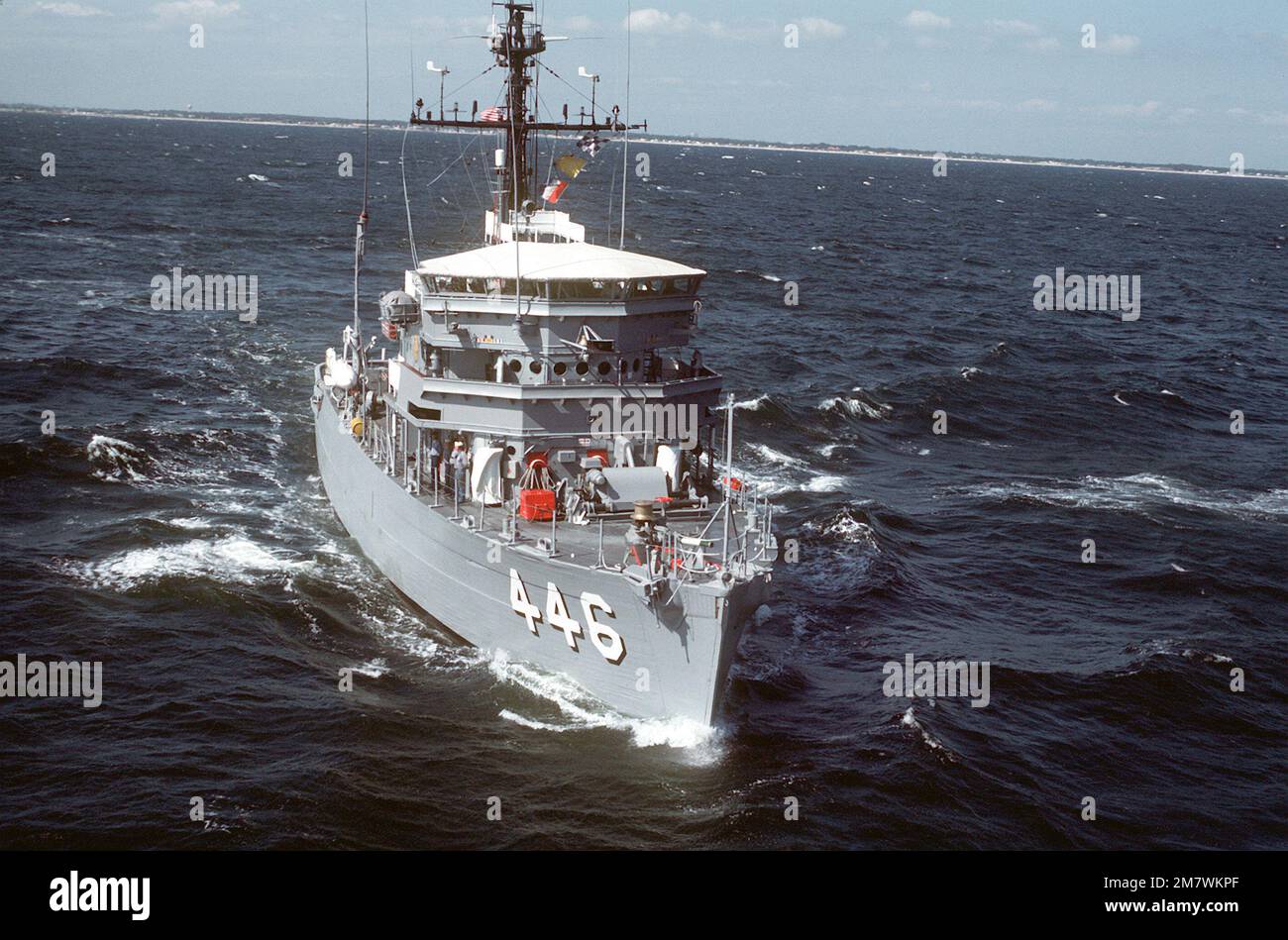 An aerial starboard bow view of the ocean minesweeper USS FORTIFY (MSO ...