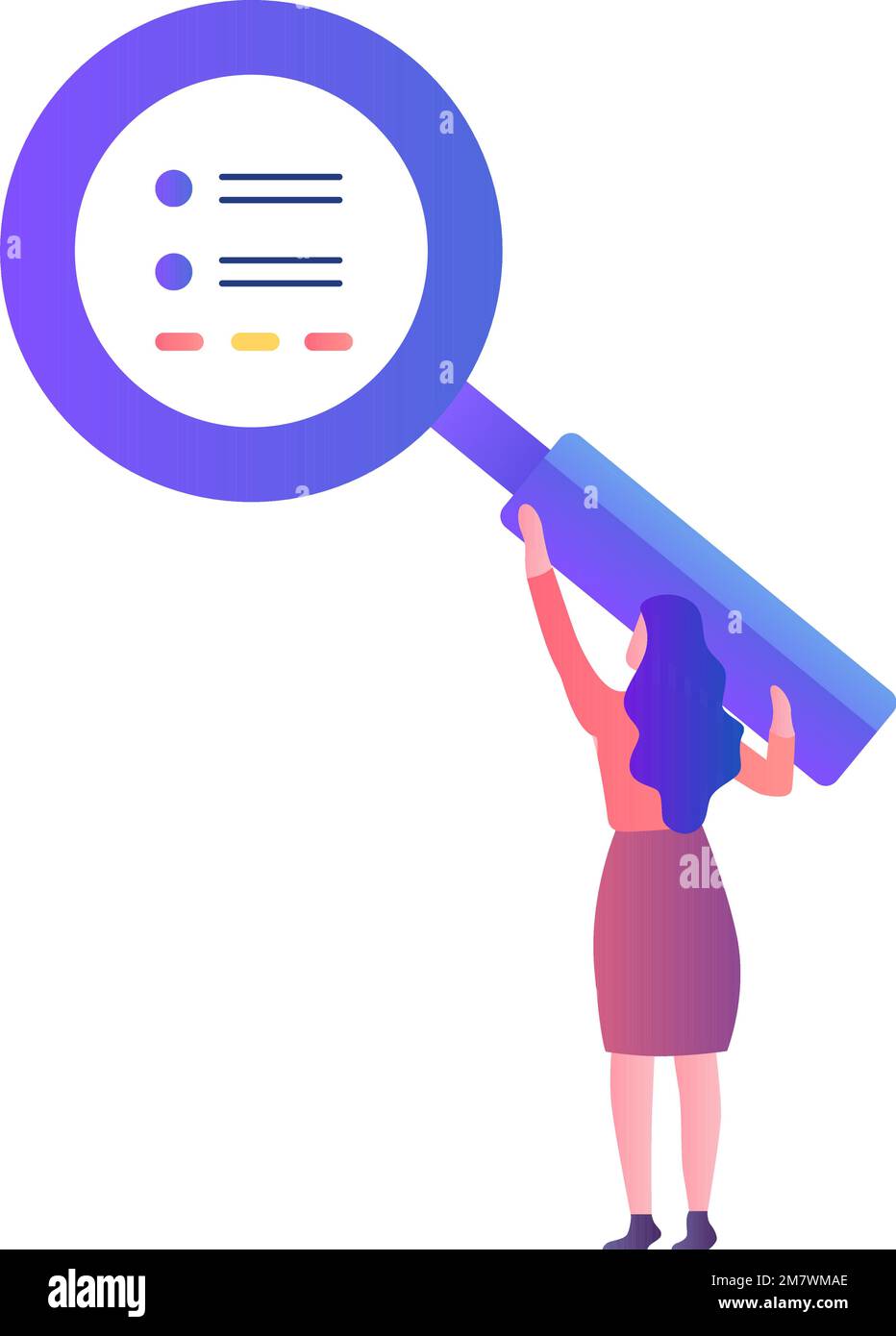 Data research icon. Vector woman looking through magnifying glass on ...