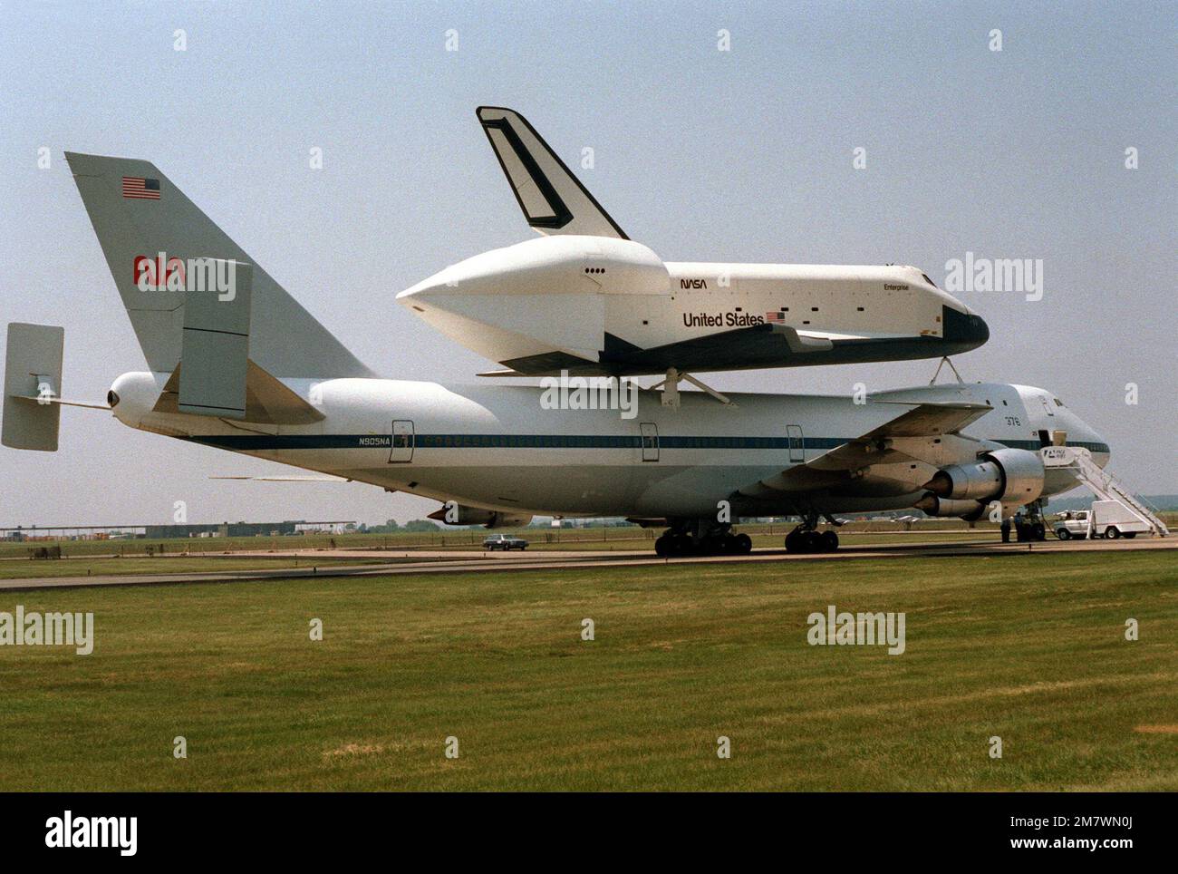 A right rear view of the STS space shuttle Enterprise on the back of a ...