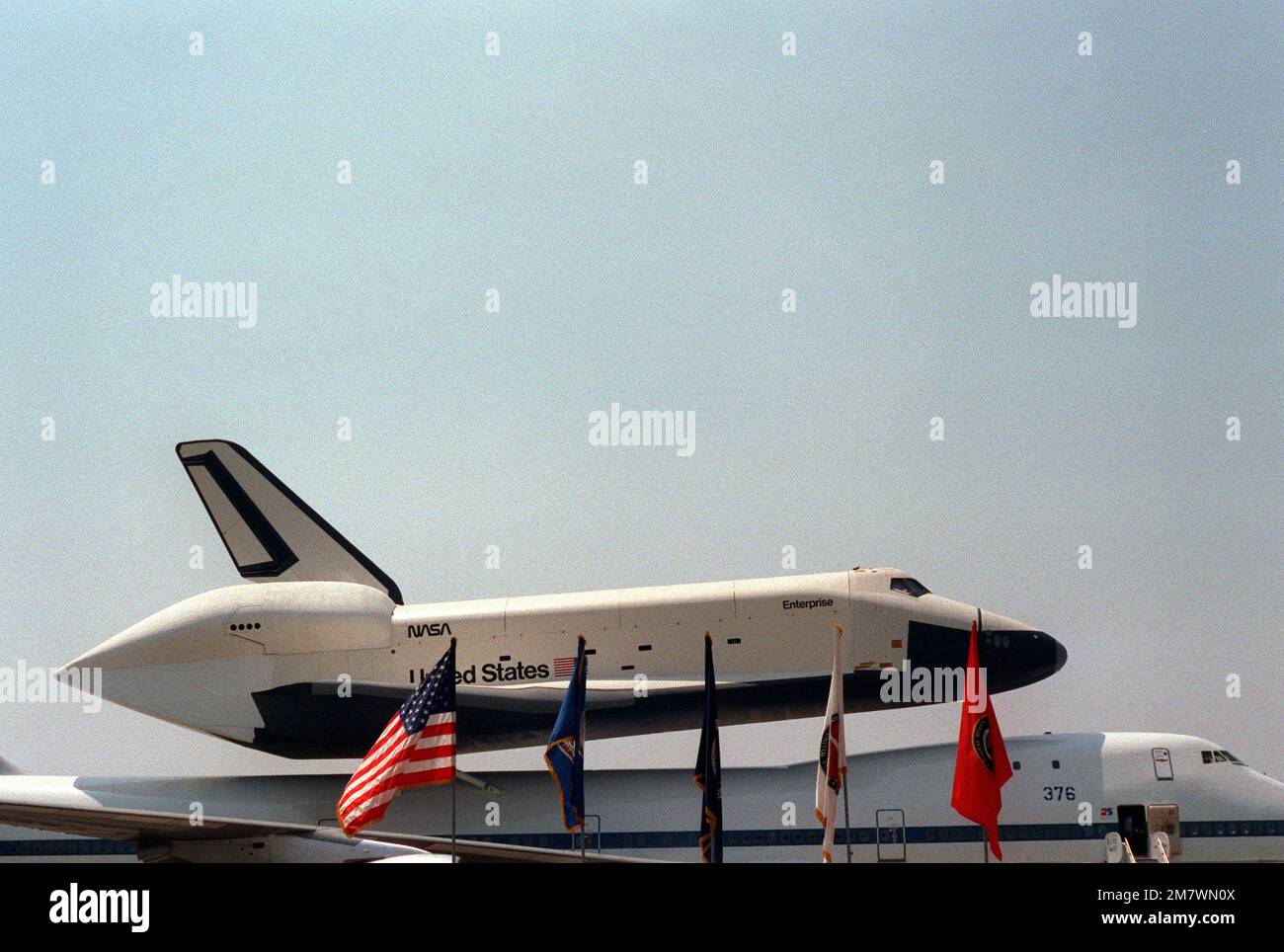 A right side view of the STS space shuttle Enterprise on the back of a ...