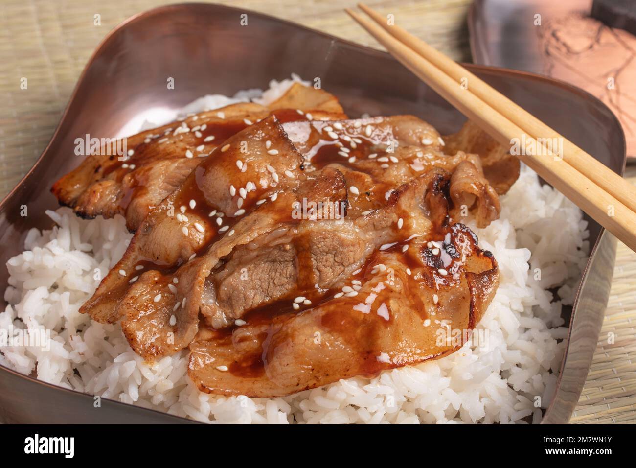Pork Sliced Rice tonkatsu or deep fried pork, a traditional Japanese ...