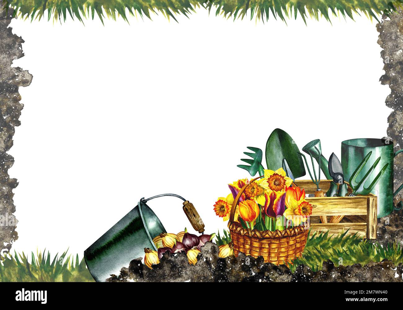 Gardening. gardening Tools. Frame. Watercolor. Gardening card ...