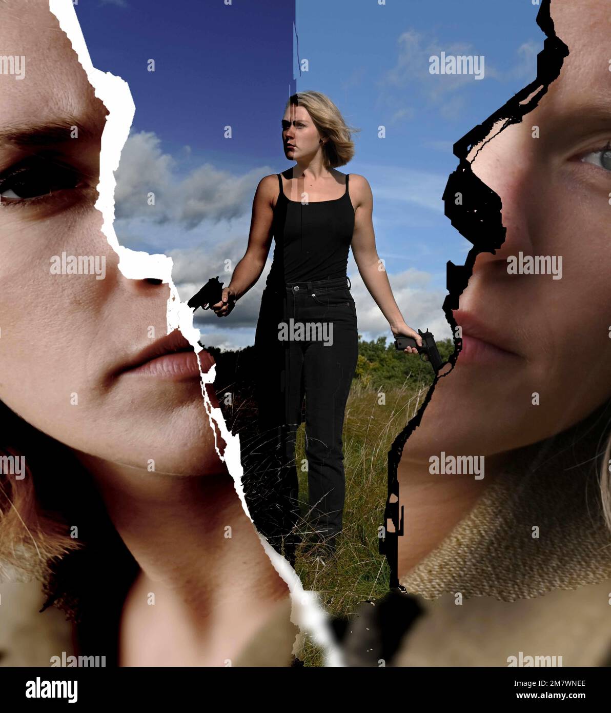 Split (torn effect) portrait of young blonde woman combined with the ...