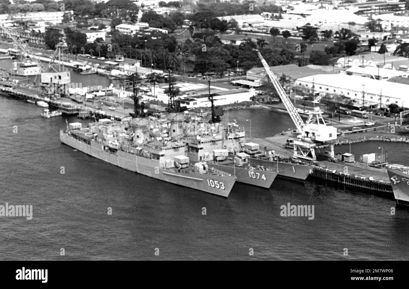 An aerial view of the US Naval Ship Repair Facility. Berthed at the ...