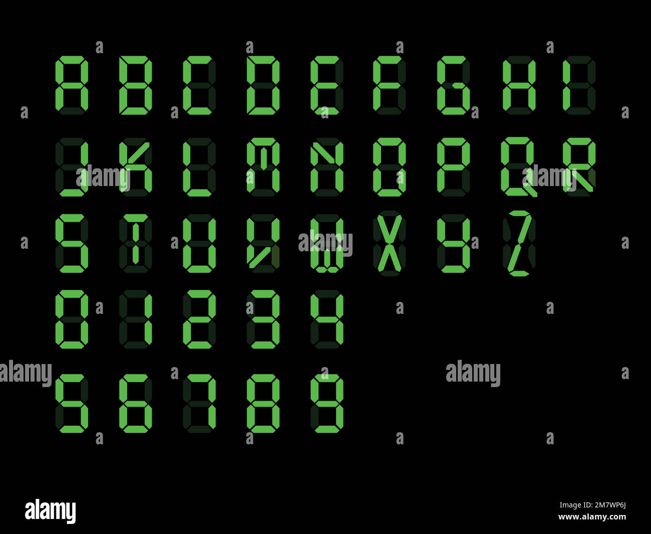 Digital font. Alarm clock letters and number isolated on black ...