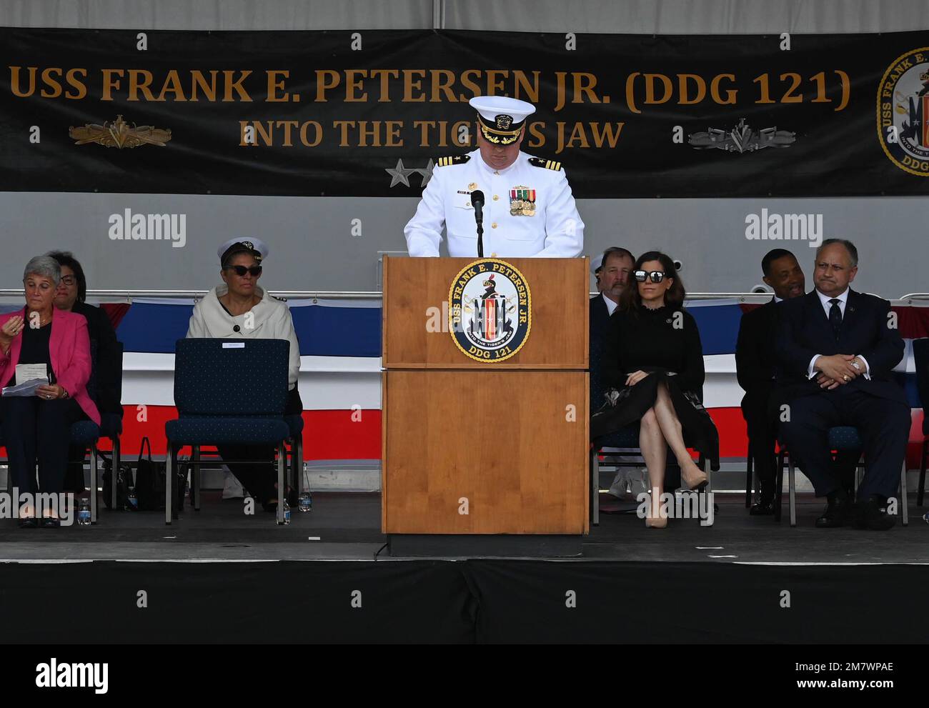 USS Frank E. Petersen’s commanding officer, Cmdr. Daniel Hancock ...