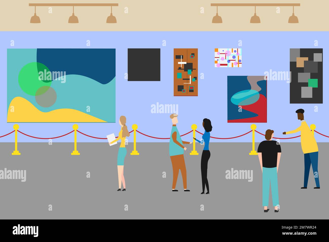 Art gallery. People regarding creative artworks or exhibits in museum ...