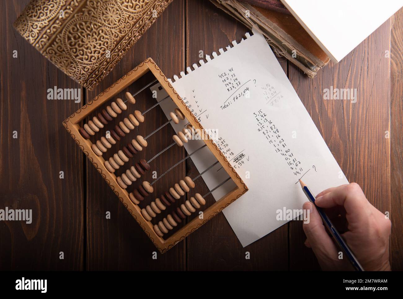 Vintage tone of women's hands doing accounting with old accounts ...