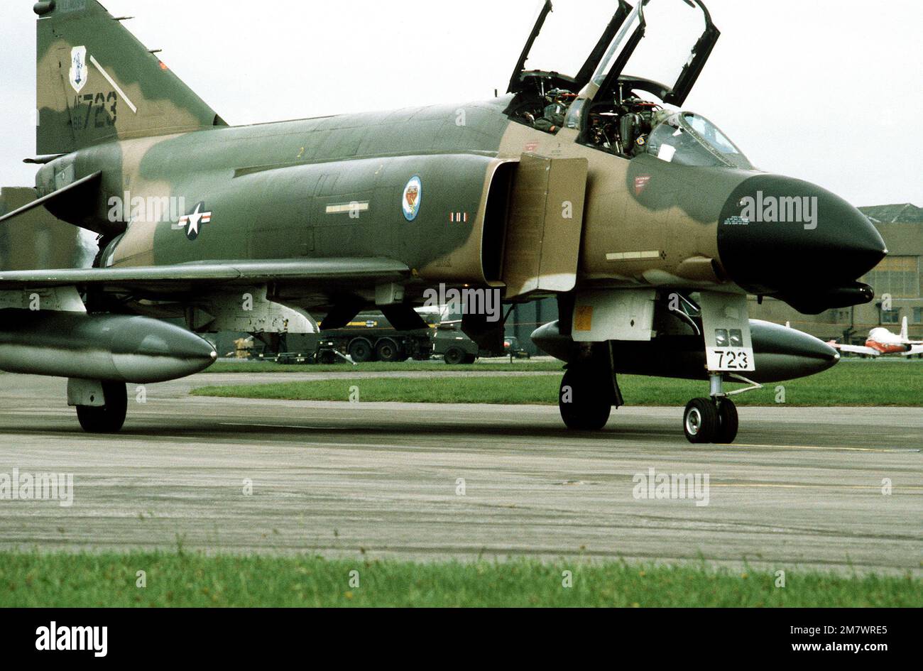 A right front view of an F-4D Phantom II aircraft as pre-flight ...