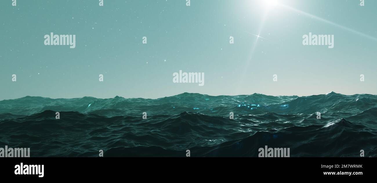 Raging ocean on a starry night. Dreamy landscape. Sci-Fi fantastic ...