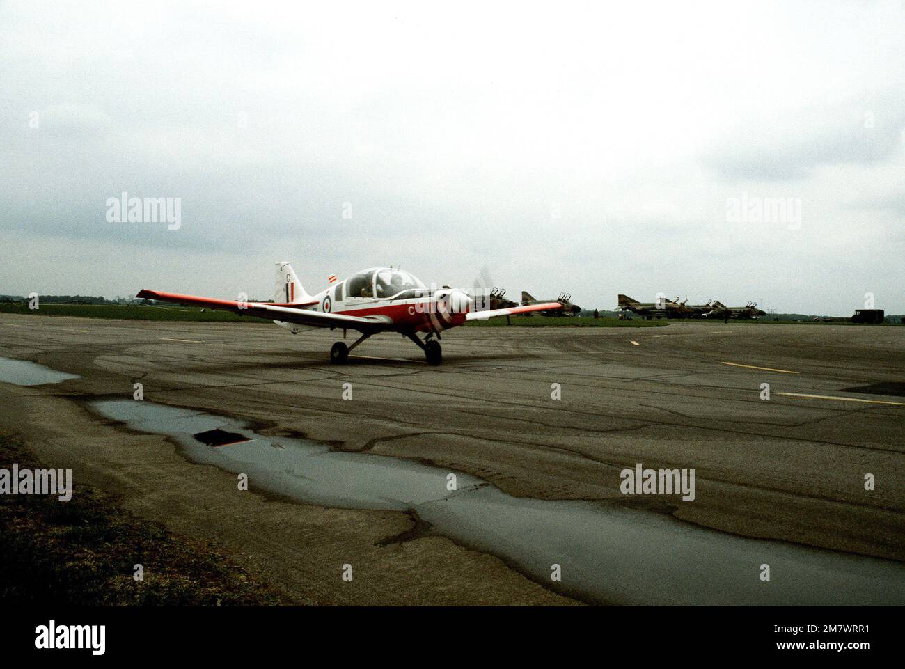A left front view of a small British-built aircraft as it prepares for ...