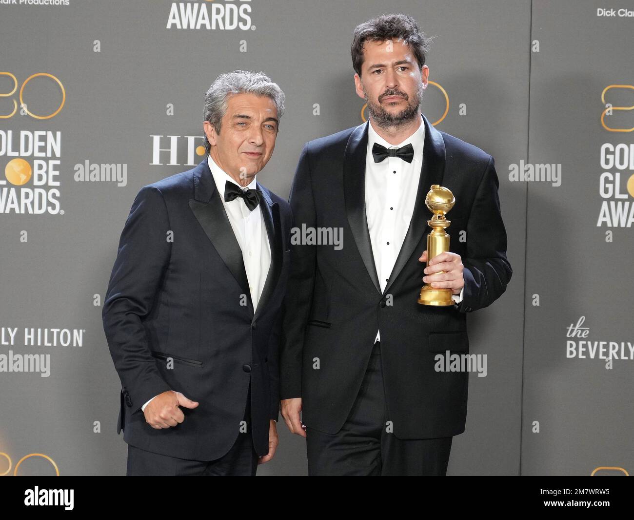 Los Angeles, CA, USA, January 10, 2023, Ricardo Darín and Santiago Mitre, pose with the Best Non ...