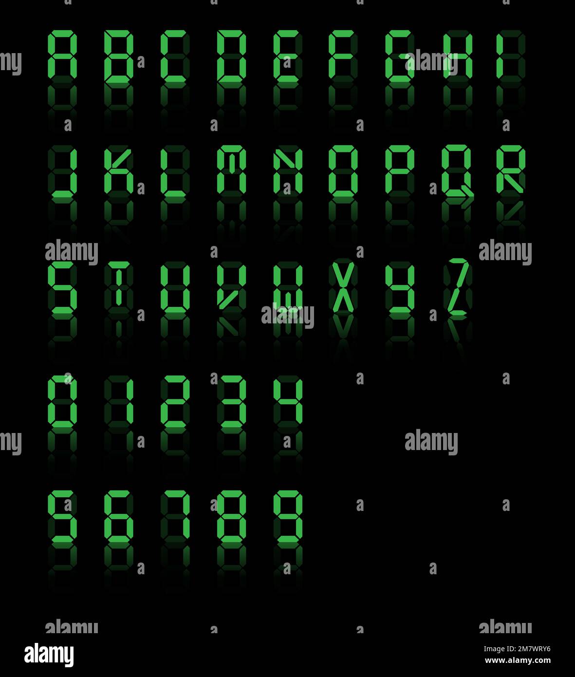 Digital font. Alarm clock letters and number isolated on black ...