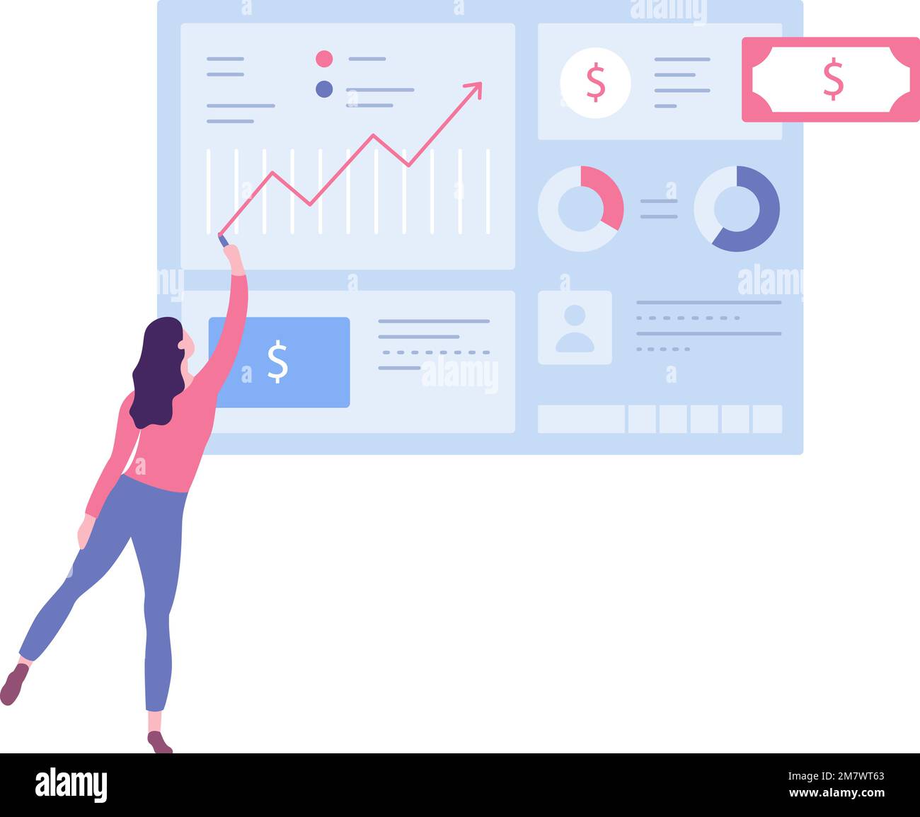 Money management icon. Vector woman analyzing data, financial income in ...