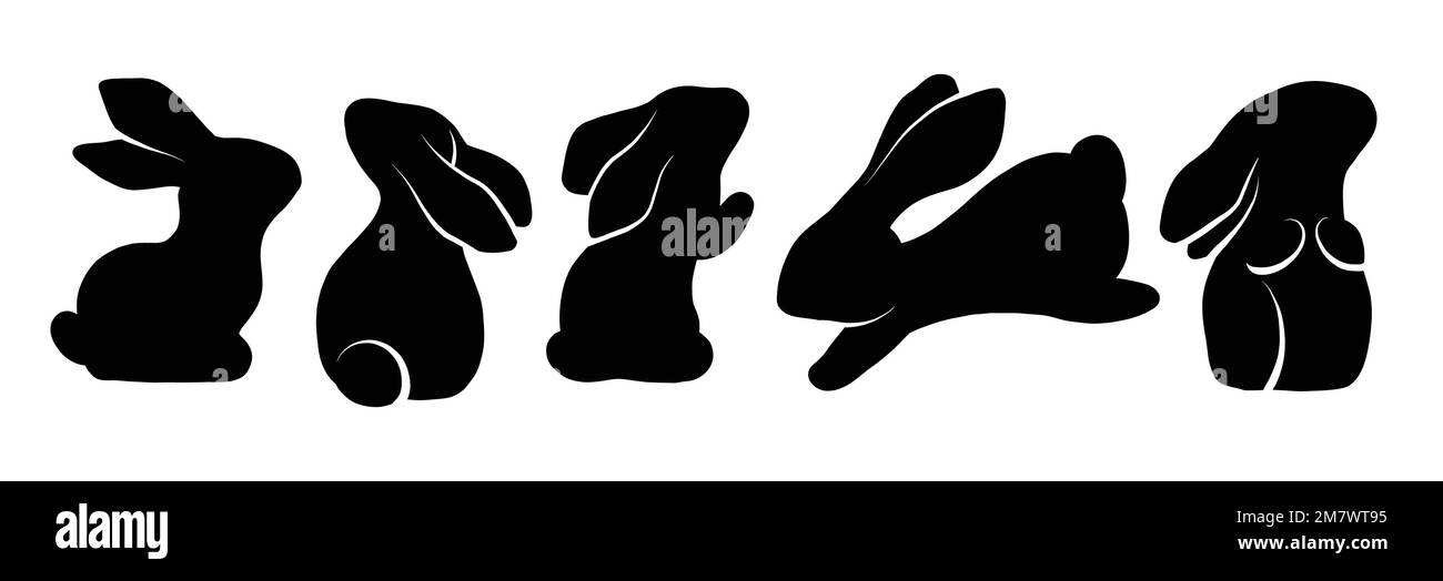 Vector set of black silhouettes of rabbits in various poses. Shadows of ...