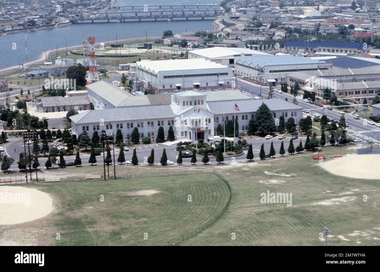 An aerial view, looking west, of the headquarters building, no. 360 ...