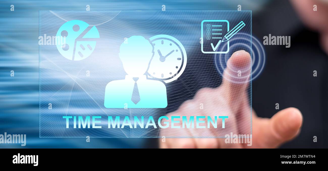 Man touching a time management concept on a touch screen with his ...