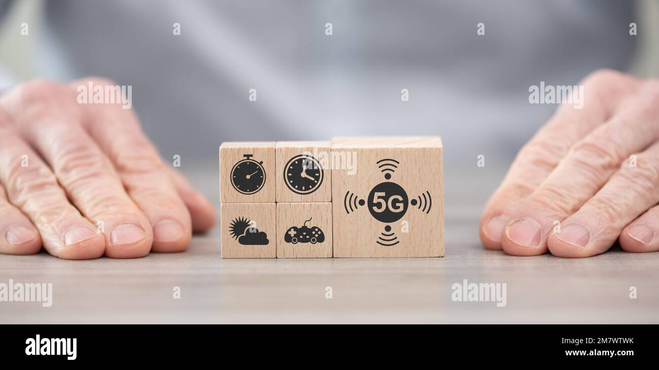 Wooden blocks with symbol of 5g concept Stock Photo - Alamy