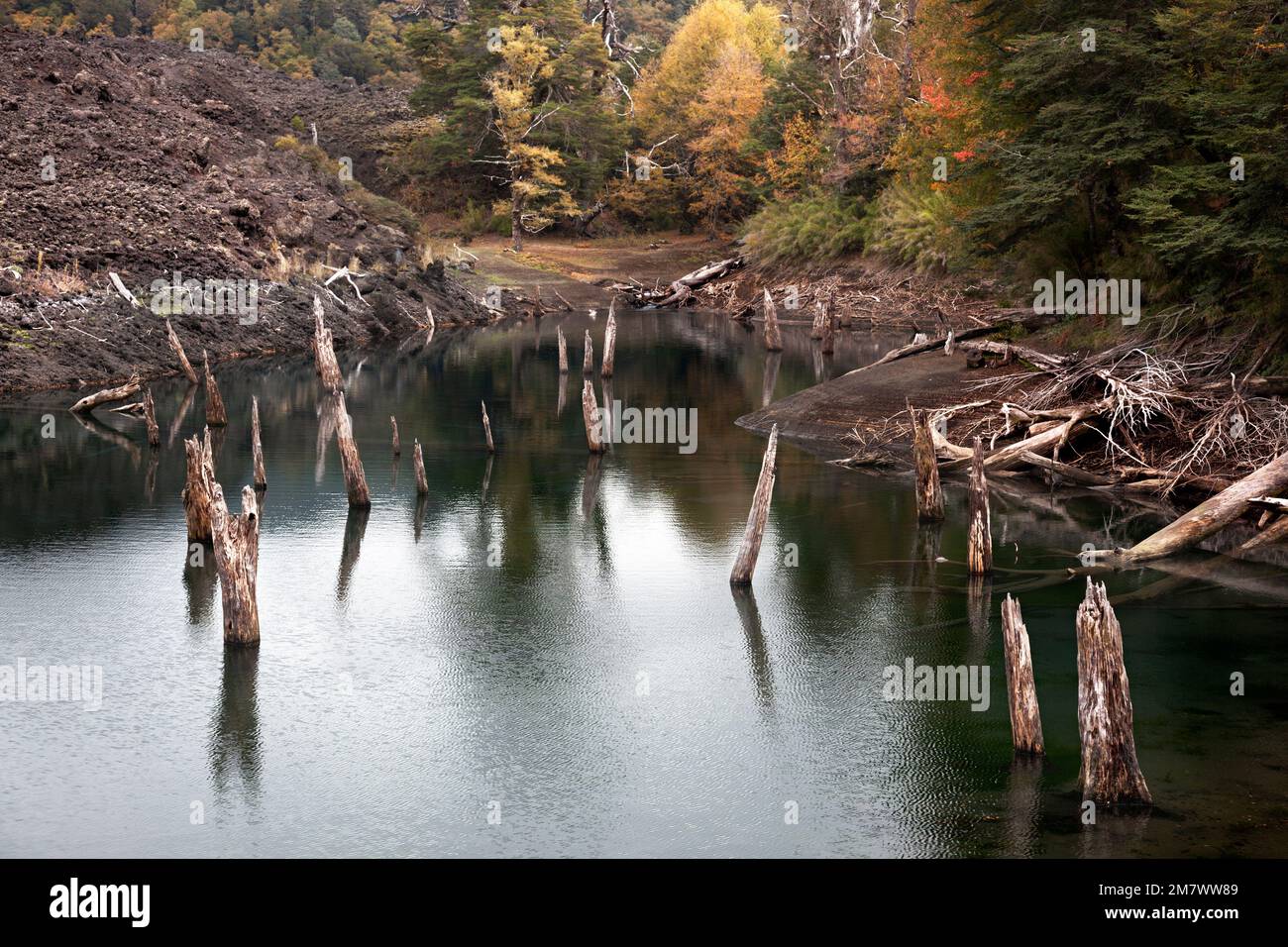 Volcanic lake created from lava that separated the river Stock Photo ...