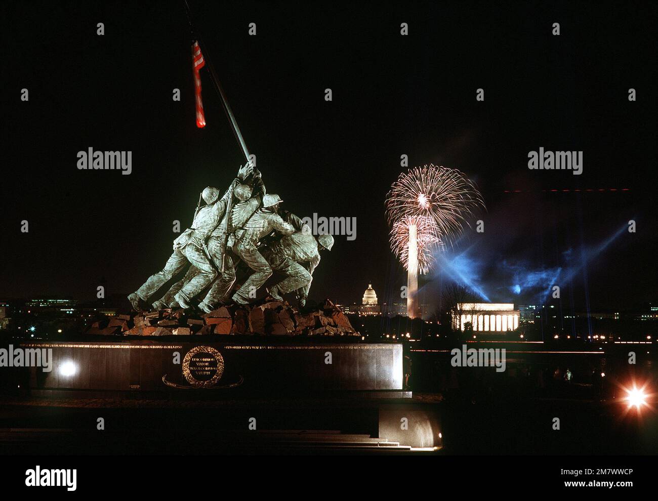 A night scene of the Marine Corps Iwo Jima Memorial with Fourth of July ...