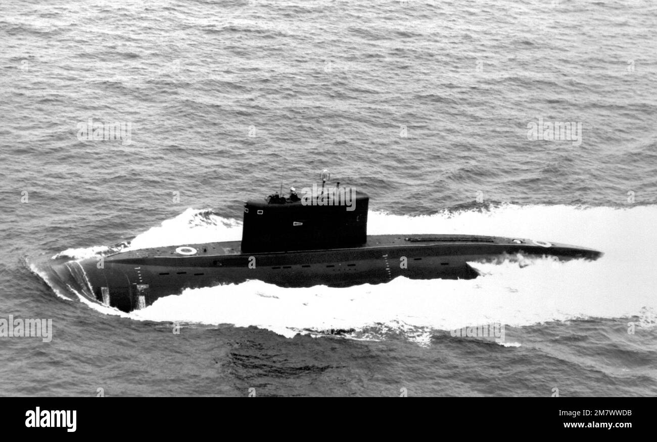 An aerial port beam view of a diesel-powered Soviet Kilo class ...