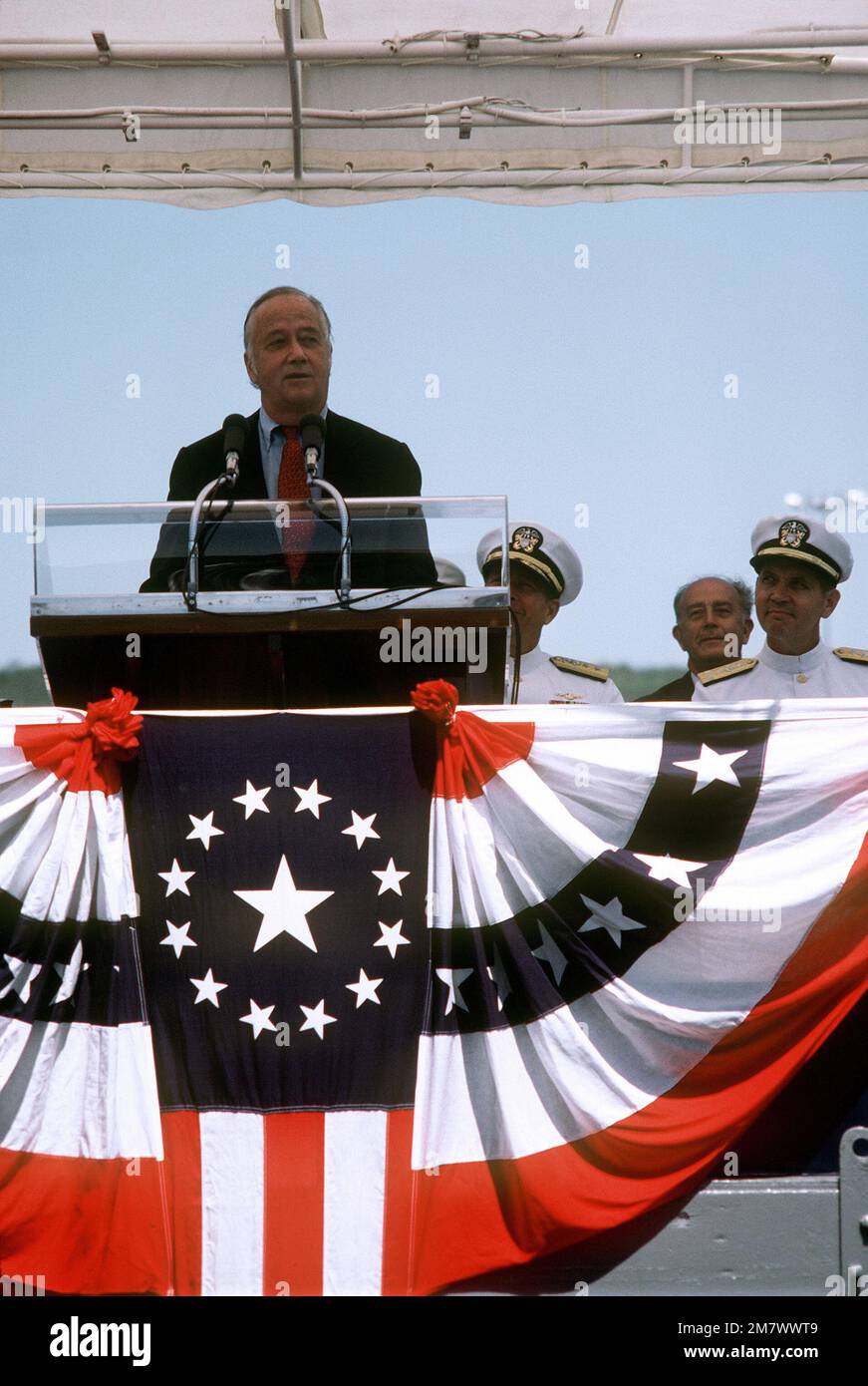 Sen. Charles C. Mathias, D-Md., speaks during the ship's commissioning ceremony of the nuclear ...