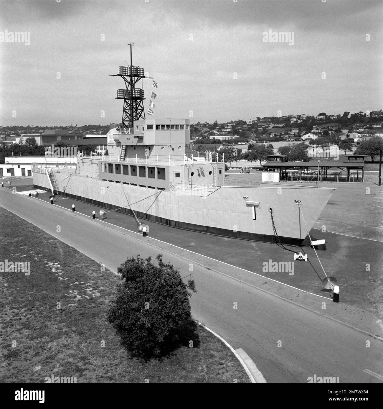 A starboard bow view of the USS Recruit. The Recruit is a mock frigate ...