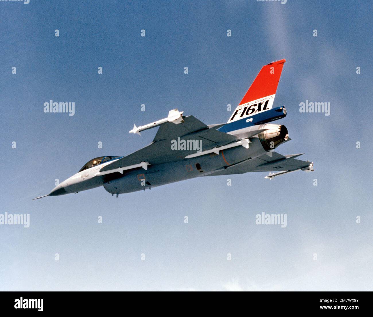 View of an F-16XL Fighting Falcon aircraft carrying AIM-9 Sidewinder and AIM-7 Sparrow missiles ...