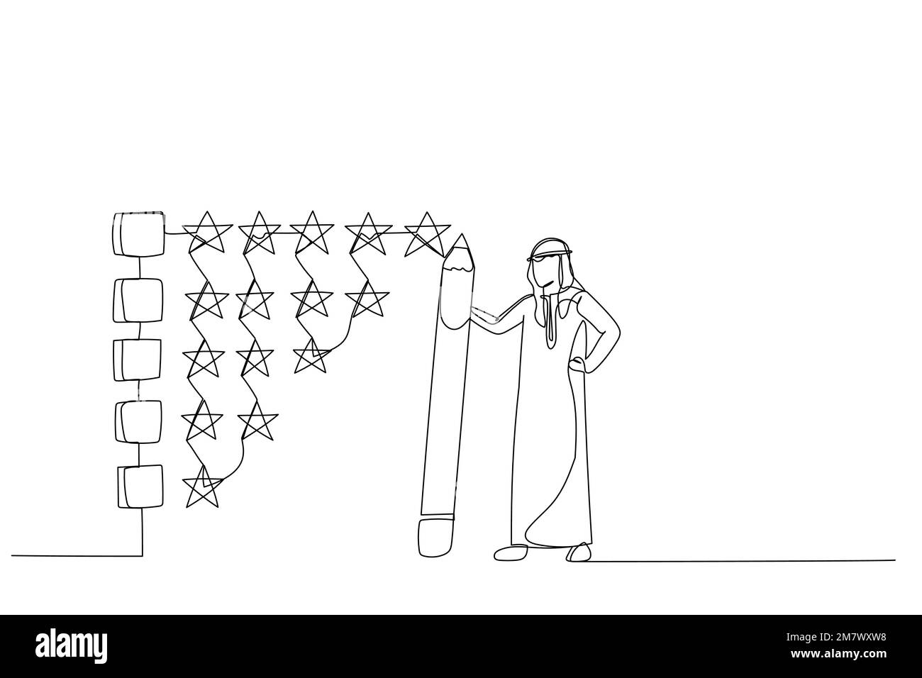 Drawing of arab businessman holding pencil to evaluate star feedback ...