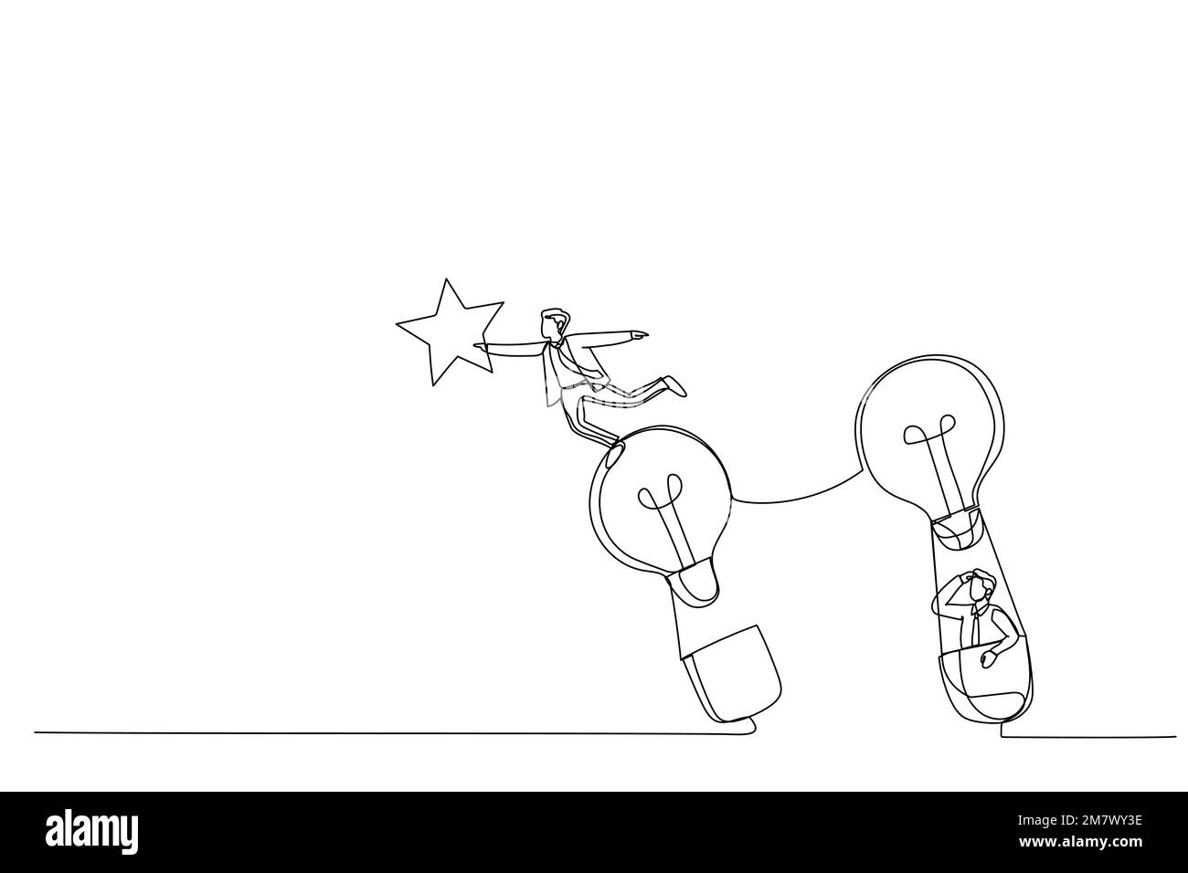 Drawing of businessman on hot air balloons flying upwards to the star ...