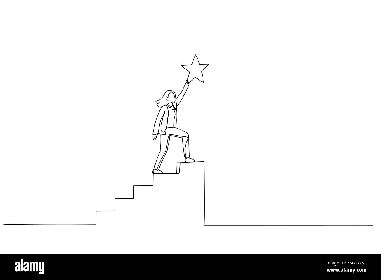 Drawing of businesswoman climb up stair to the top to reaching to grab ...